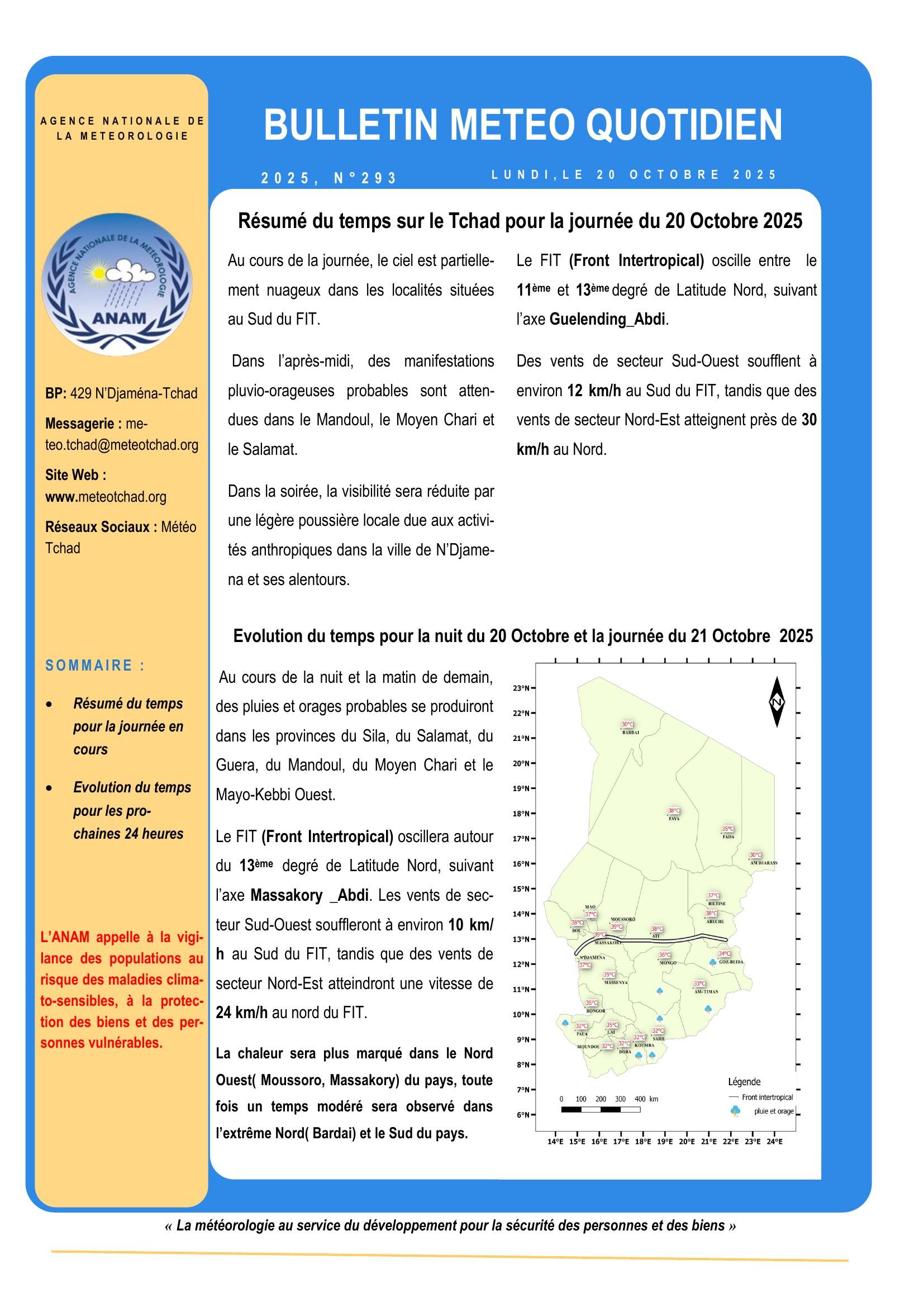 Bulletin de la Prévision Météorologique Quotidien du 20 au 21 octobre 2025