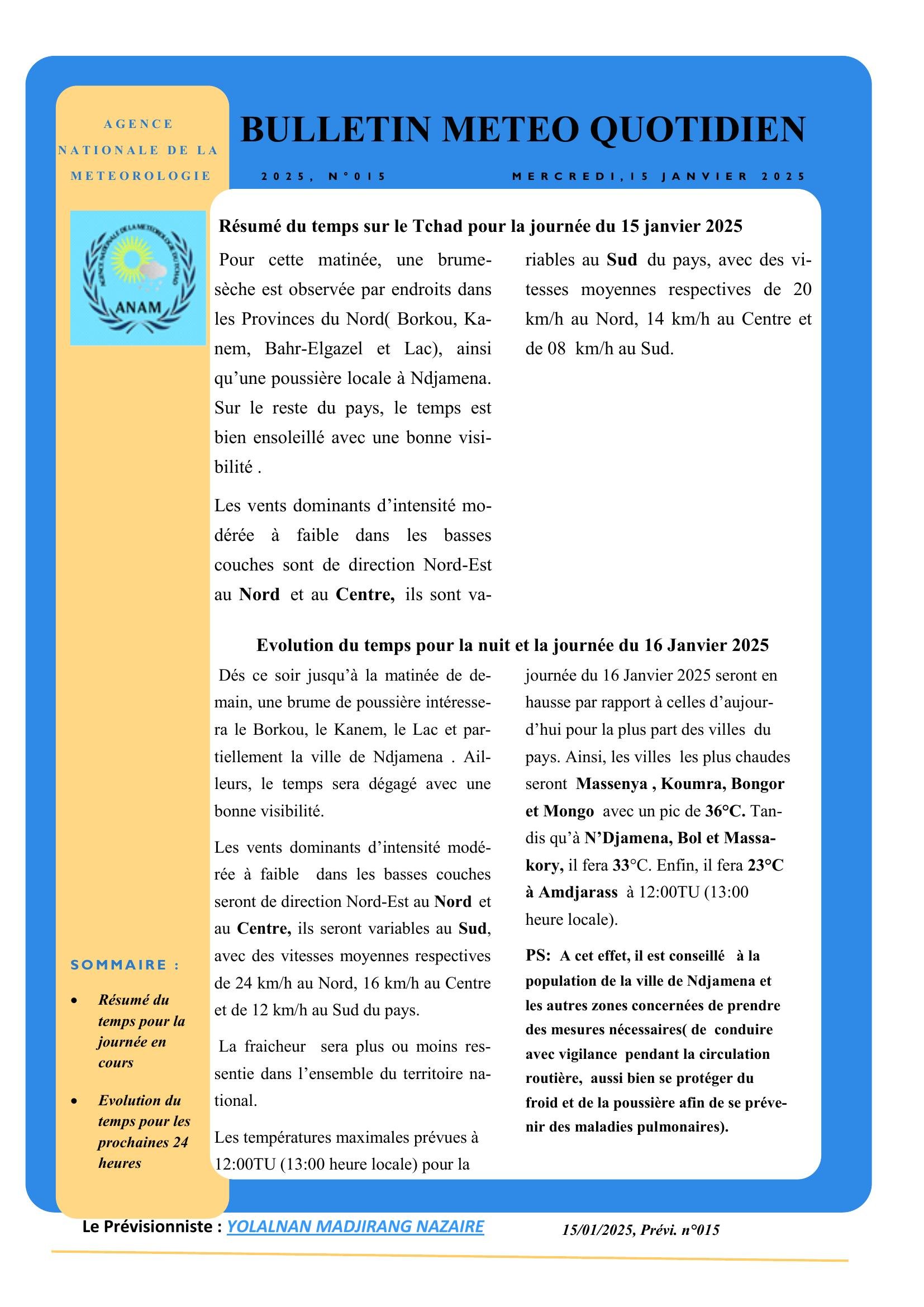 Bulletin de la Prévision Météorologique Quotidien du 15 janvier 2025