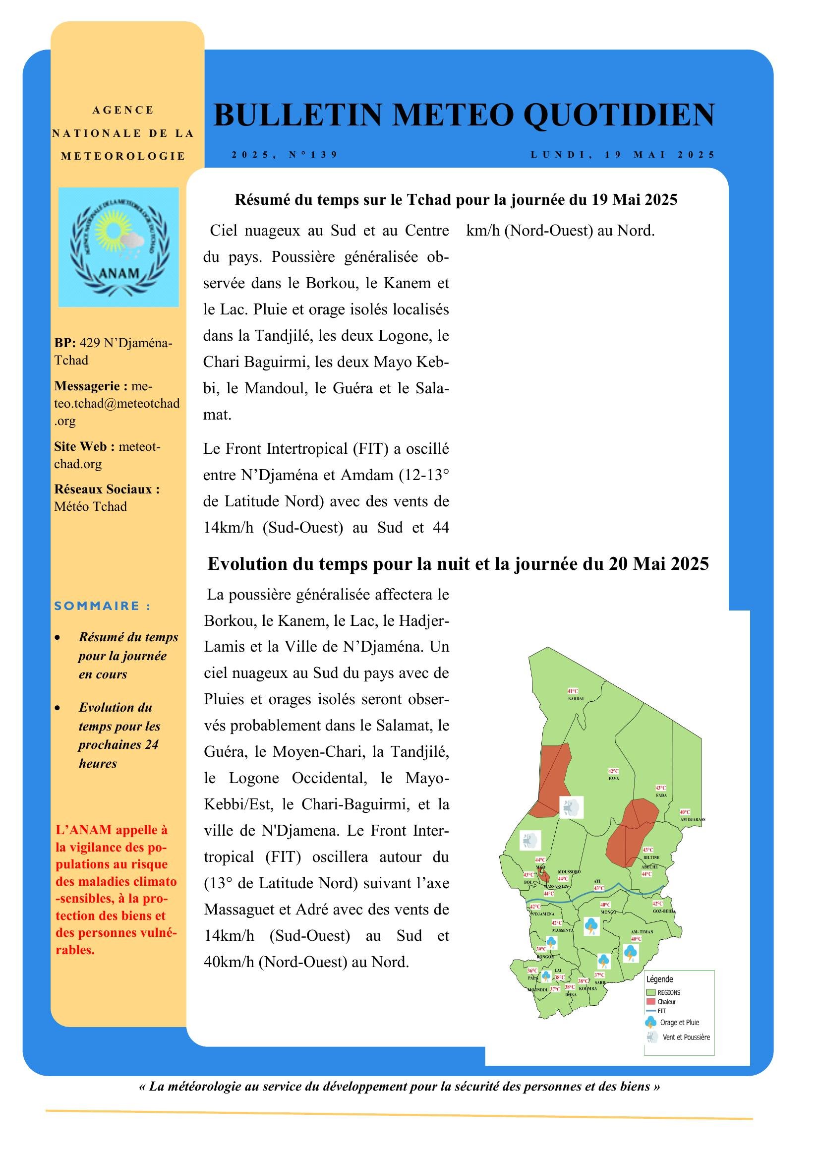 Bulletin de la Prévision Météorologique Quotidien du 19 Mai 2025