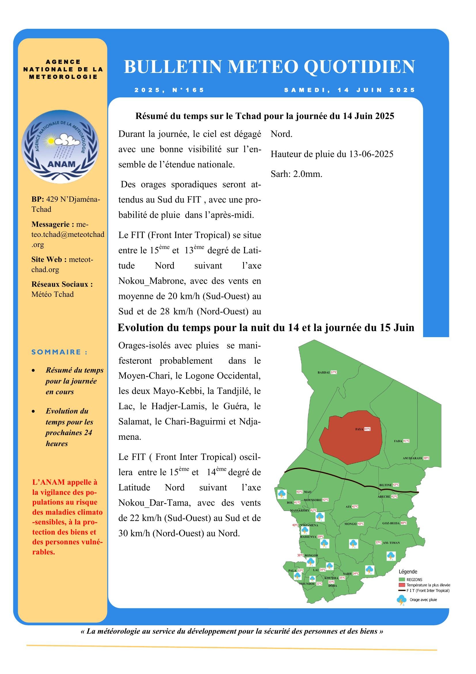 Bulletin de la Prévision Météorologique Quotidien du 14 juin 2025